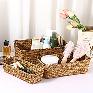 OGANAZI 3 Natural Wicker Basket Set Rectangular Handwoven Seagrass Basket Storage Bins Home Organizer Bins - Household Basket Box for Shelf Wardrobe Desktop Home Decor (Caramel)