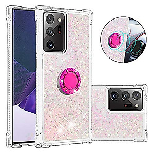 nincyee Shockproof Case for Samsung Galaxy Note20 Ultra,Glitter Bling Shine Diamond Heart Rainbow Quicksand Transparent TPU Shell with Rotating Finger Ring Kickstand