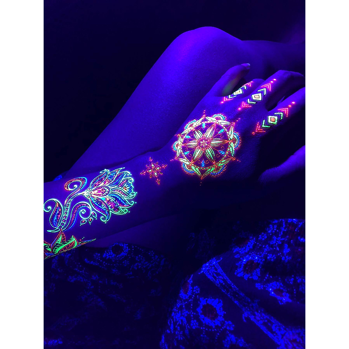 Temporary Tattoos – 3 Sheets Tattoo Design Body Art Blacklight Reactive Light Festival Accessories Glow in the Dark Party Supplies | 7.2” x 5.2” Temp Tattoos Great for EDM EDC Party Rave Parties