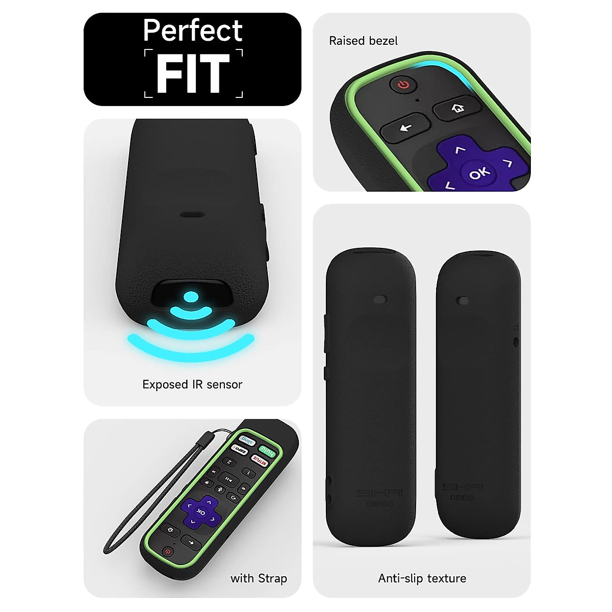 SIKAI Protective Case for ROKU Voice Remote Pro, for Roku Ultra 2020/2019 Remote, Shockproof Silicone Cover for Roku Ultra 4800R 4670R RCS01R Voice Remote Pro Anti-Lost with Loop (Black-Glow Green)