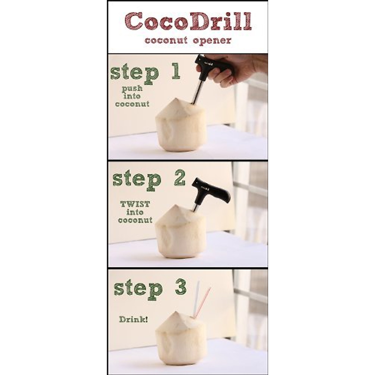 CocoDrill Coconut Opener Tool + Reusable Straw -COMBO PACK - Stainless Steel Drinking - 1 metal straw + Cleaner - Eco Friendly, SAFE, NON-TOXIC
