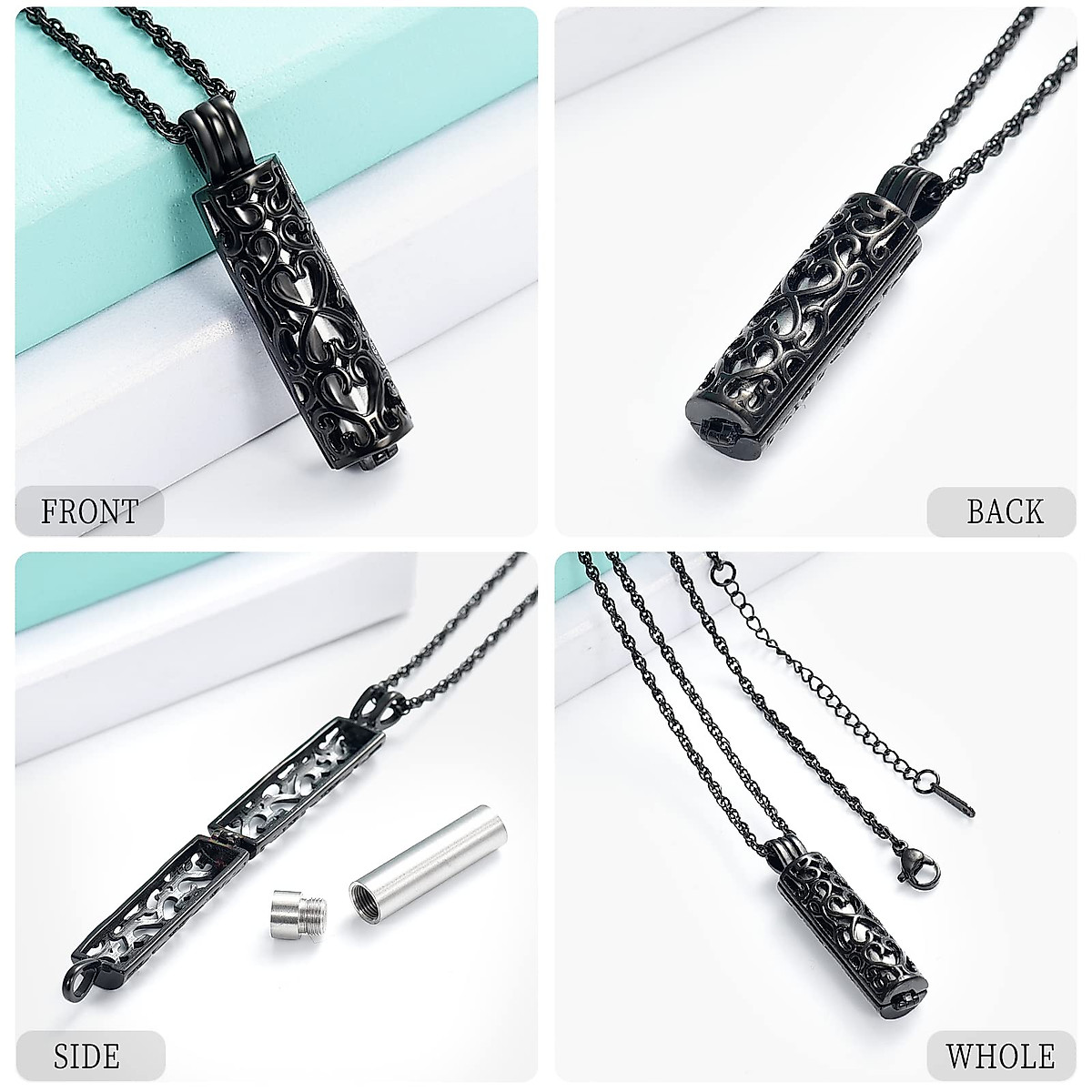 shajwo Cylinder Urn Necklace for Ashes for Women Men Cremation Jewelry Keepsake Memorial Human Pet Ashes Pendant,Black+Silver