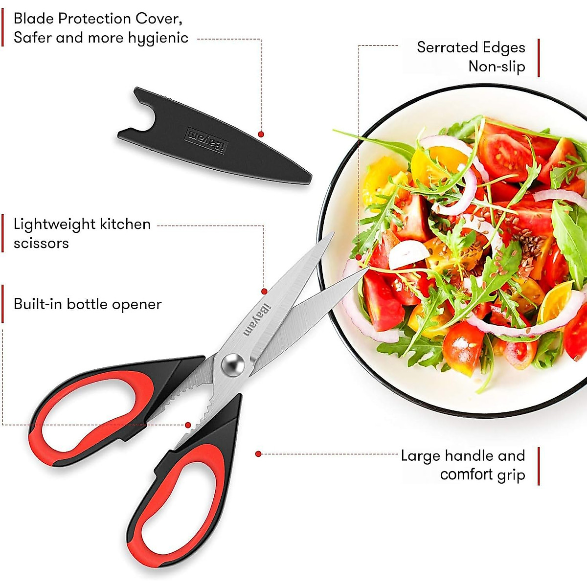 Kitchen Shears, iBayam Kitchen Scissors Heavy Duty Meat Scissors Poultry Shears, Dishwasher Safe Food Cooking Scissors All Purpose Stainless Steel Utility Scissors, 2-Pack (Black Red, Black Gray)