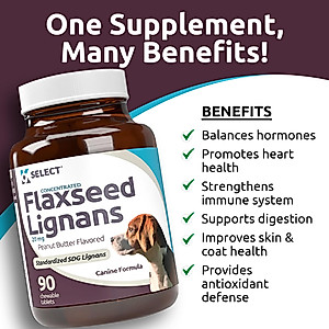 K9 Select Concentrated Flaxseed Lignans for Dogs, 20mg 90 Tablets, Flax Seed Natural Tablets, Peanut Butter Flavored Chewable Tablets, Natural Flaxseed Lignans for Dogs, Flax Impove Dog's Coat