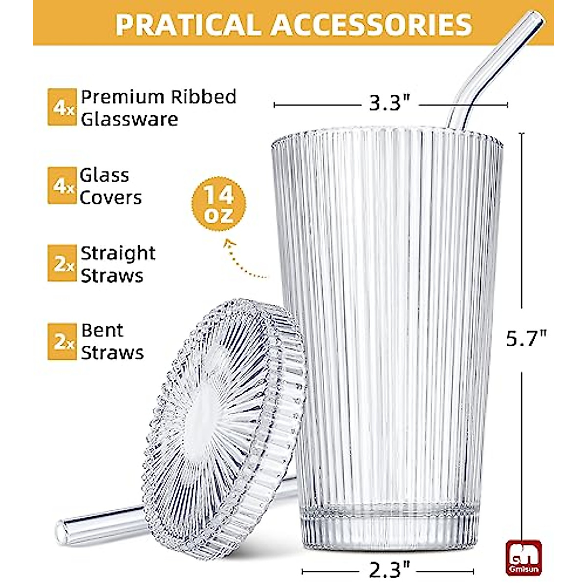 GMISUN Iced Coffee Cups with Lids, Glass Cups with Lids and Straws, Ribbed Glassware, Drinking Glasses Set of 4, Vintage Glassware Cocktail Glasses 14oz for Cocktail, Gift