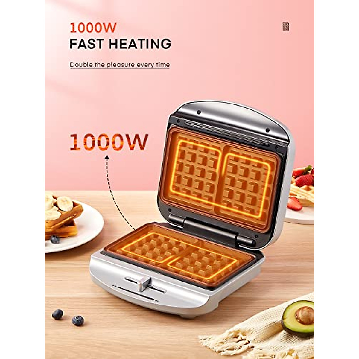 FOHERE Waffle Maker Belgian 1000W, 2 Slice Waffle Iron with Browning Control, Nonstick Plates, Indicator Lights, Cord-Storage