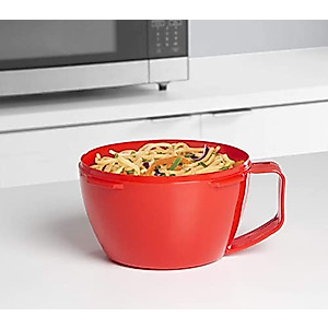 Sistema Microwave Bowl for Noddles, Pasta, and Soup with Lid and Handle, Dishwasher Safe, 31.7-Ounce, Red