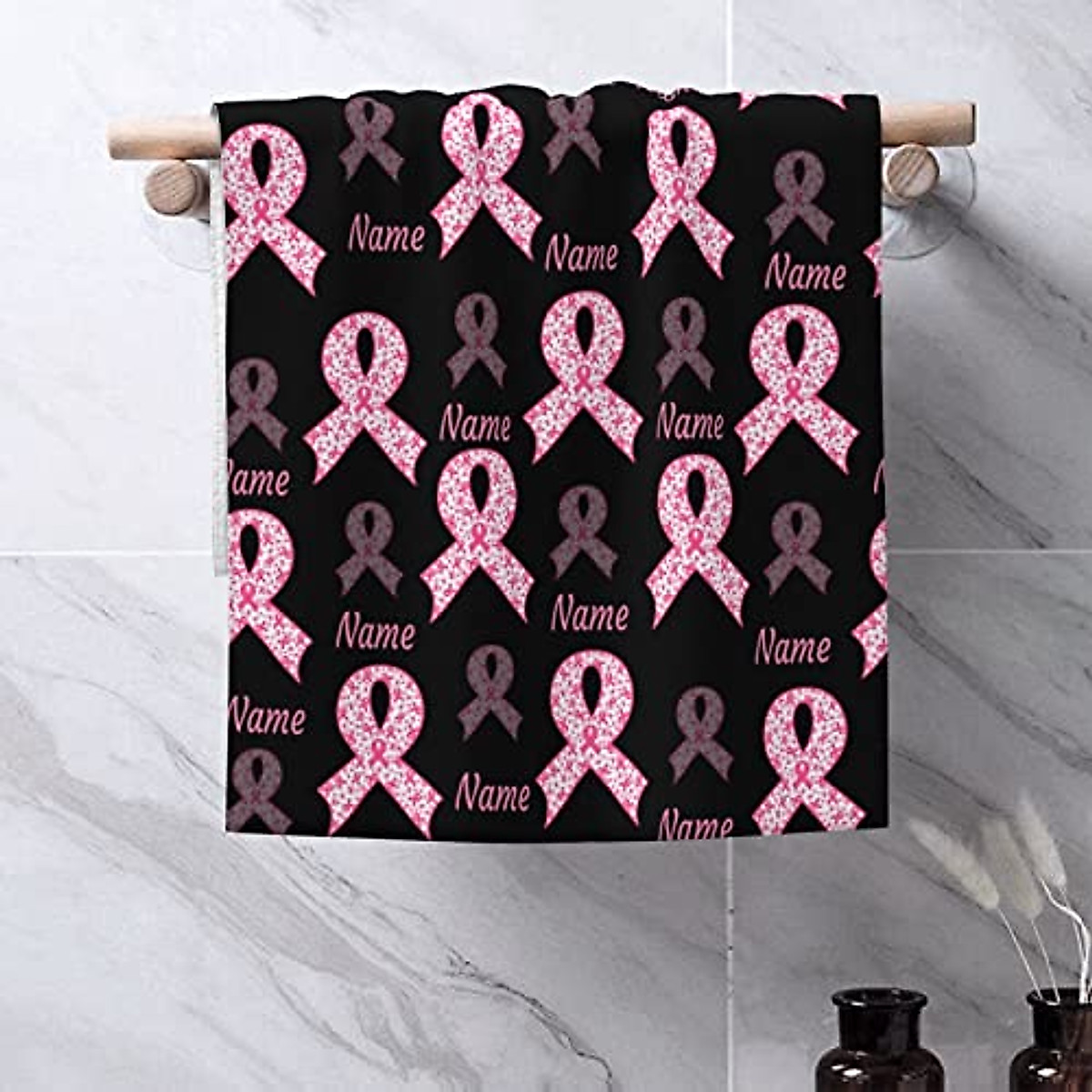 PAMIBERBI Custom Hand Towel with Name Personalized Pink Breast Cancer Ribbon Towel Microfiber Soft Face Towels Highly Absorbent Washcloths Hotel Bathroom Shower Spa Swim Fingertip Towels 27.5 x 16 in
