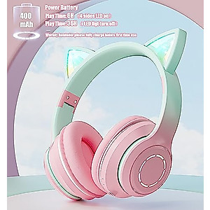 Hilifix Bluetooth Headphones Over Ear, LED Light Up Cat Ear Kids Headphones, Foldable Stereo Headphones Wireless Wired Headphones with Microphone for School/Study/Travel/PC/iPhone/iPad (Pink+Green)