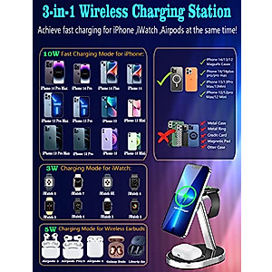 Aluminum Alloy 3 in 1 Magnetic Wireless Charging Station,Fast Wireless Charging Compatible with Magsafe Charger Stand for iPhone 14 13 12 Pro/Pro Max/Mini/14 Plus,Apple Watch 8 7 SE 6 5 4 3 2,Airpods