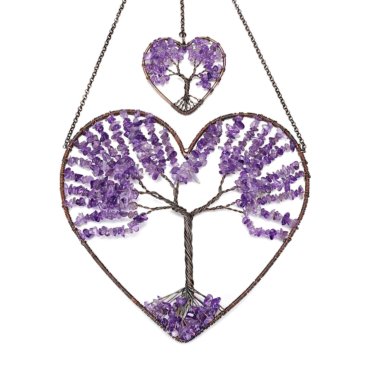 Jovivi Tree of Life Feng Shui Crystal Heart Hanging Ornament Amethyst Gemstones Healing Stones Yoga Meditation Window Wall Hanger for Home Wedding Decor