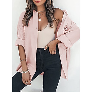 Dokotoo Womens Fashion V Neck Collared Long Sleeve Button Down Shirts Solid Color Cute Basic Pockets Fashion Comfy Loose Fit Boyfriend Fall Blouses Tops for Ladies Pink S