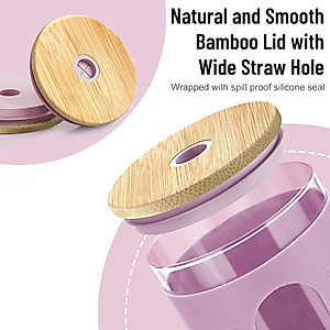 Zukro 40 oz Glass Tumbler with Bamboo Lid and Straw, Glass Water Drinking Cup With Handle, Boba Straw, Time Marker, Large Glass Iced Coffee Cup with Silicone Sleeve, BPA Free, Lilac