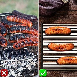 ILceNodie Hot Dog Roller for Grill, Sausage Roller Rack with Extra Long Wood Handle, Stainless Steel BBQ Griller for 5 Hot Dog Capacity Evenly Cooked