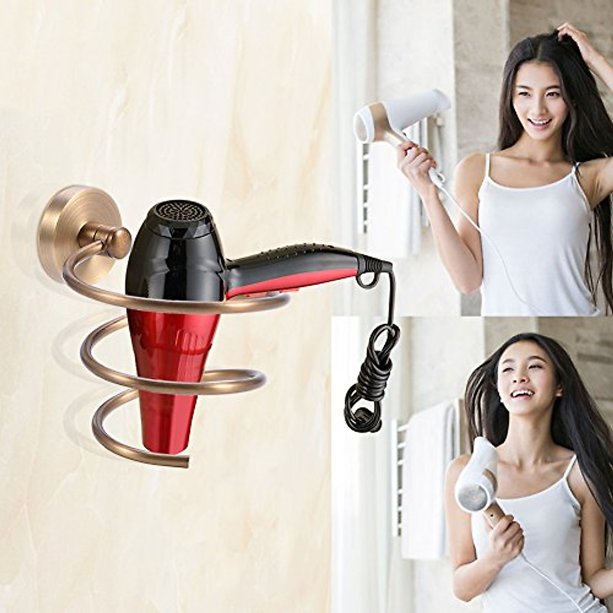 Weojeviy Hair Dryer Holder, Brass Wall Mount Blow Dryer Holder, Antique Hair Dryer Shelf Wall Mount Solid Brass Storage Rack Bathroom Organizer Shelf, Hidden Installation