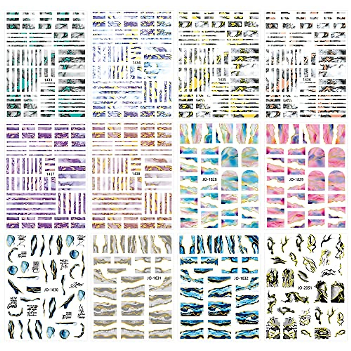JMEOWIO 12 Sheets Marble Nail Art Stickers Decals Self-Adhesive Pegatinas Uñas French Tip Wave Line Nail Supplies Nail Art Design Decoration Accessories