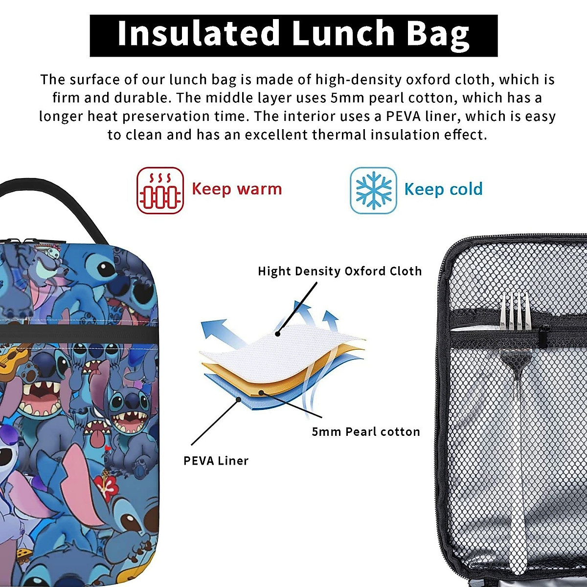 TRPSR 3D Cartoon Anime Lunch Bag Large insulated lunch box with adjustable shoulder straps suitable for women and men's office work food handbags