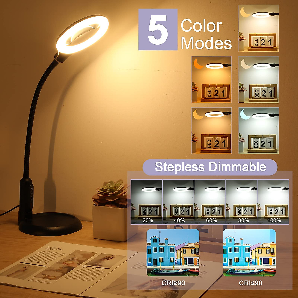 JEEDEFI 2-in-1 Magnifying Glass with Light and Stand, 5 Lighting Modes Stepless Dimmable LED Magnifying Clamp Lamp, 8X Desk Lighted Magnifier Hands Free for Craft Close Work Mini Painting Hobby, Black