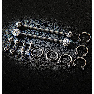 Masedy 12Pcs Stainless Steel Industrial Barbell Cartilage Piercing Earrings for Women Men Hoop Helix Tragus Labret Piercing A-Silver