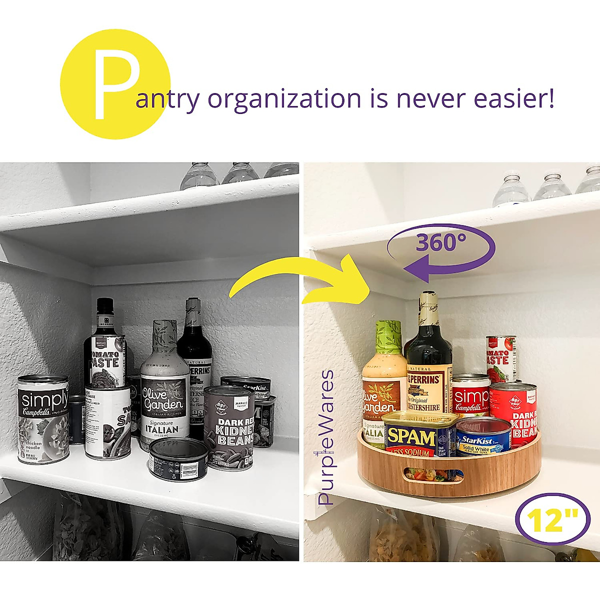 PurpleWares 12-inch Wood Lazy Susan – 360 Degree Rotating Natural Wooden Round Turntable Storage Serving Tray with Cut-out Handles for Kitchen, Pantry, Cabinet and Makeup Organization