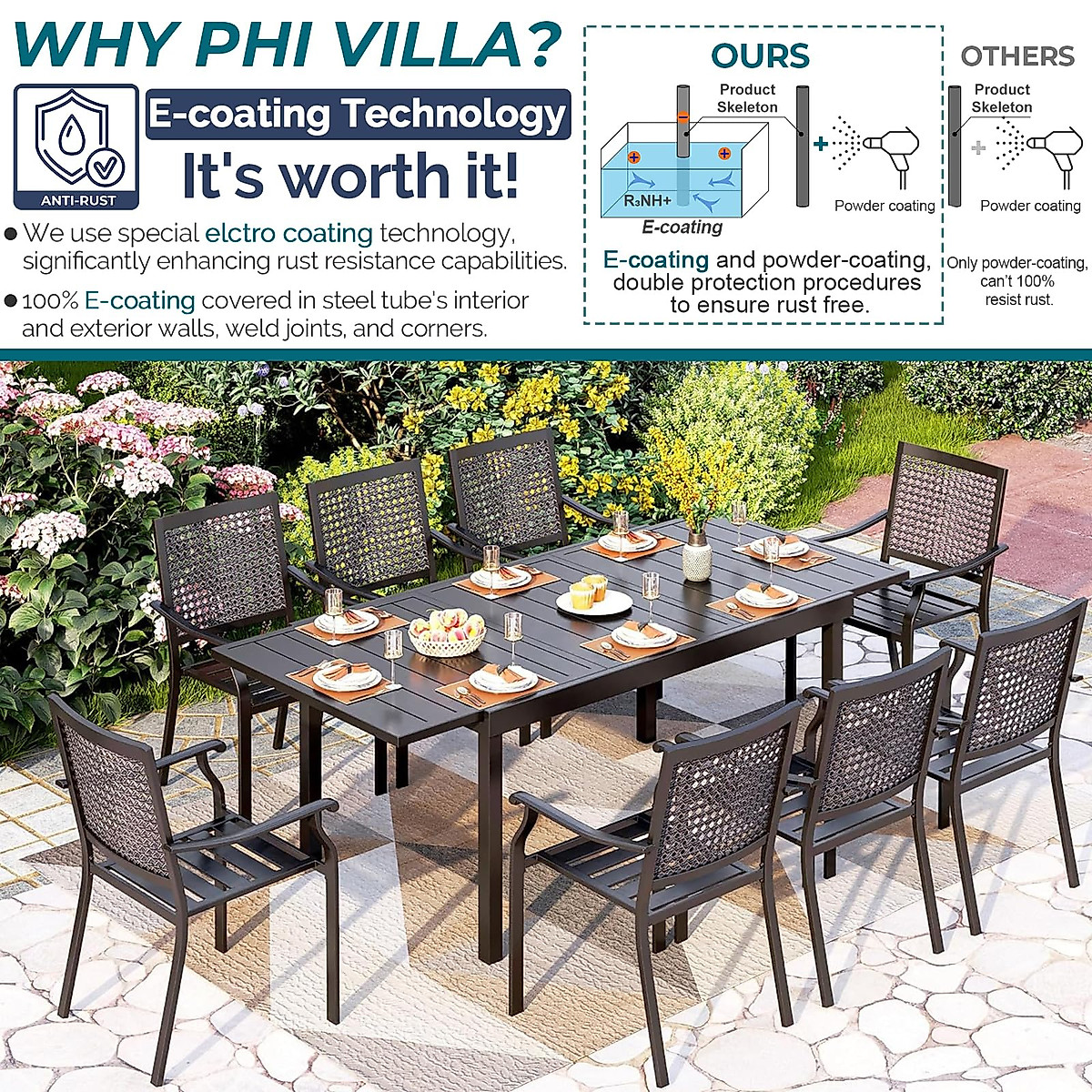 PHI VILLA Outdoor Patio Dining Table and Chairs Set of 9 Pieces Patio Furniture Set Metal Expandable Dining Table 8 Wrought Iron Stackable Chairs for Bistro Backyard
