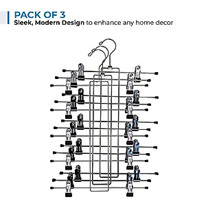 USTECH 5 Tier Clothes Hanger with Clips | Metal Closet Organizer with Non-Slip Rubber Tip | Space-Saving Pant and Scarf Hangers | Ideal for Clothes Storage, Dorm Room & Closet Organization | Pack of 3