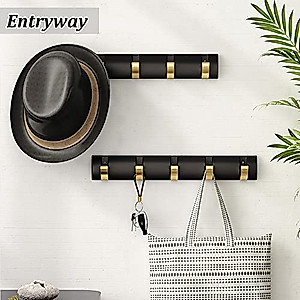 DMYMAT Coat Rack Wall Mounted with 5 Folding Hooks, 15.8 Inch Space Saving Wall Coat Hook, Black Gold Towel Hooks for Bathroom, Bedroom, Entryway, Hats, Scarves, Umbrella and Keys