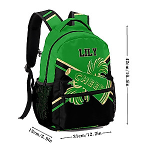 BigBigift Cheer Green Black Cheerleaders Backpack Shoulder Shopping Bag Travel Casual Bags with Name Text, 12.2(L)x5.9(W)x16.5(H)inch