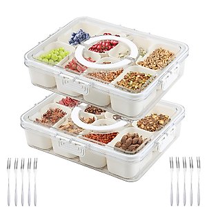 Uideyvi 2PCS Divided Serving box With Lid and Handle, Snack Containers With Dividers and Lids, Candy, Spices, Fruits (With 10 Fruit Forks), Snacks Storage Containers, Convenient to Carry Out.