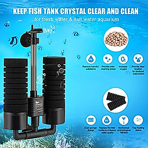 AQQA Aquarium Sponge Water Filter, Power Driven Double Biochemical Filter, Quiet Submersible Foam Filter with 2 Extra Sponges, 1 Bag of Filtered Ceramic Balls for Fresh and Salt Water Fish Tank (L)