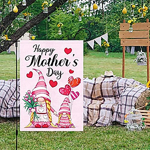 Louise Maelys Happy Mother's Day Garden Flag for Mom 12x18 Double Sided, Burlap Small Vertical Pink Gnome Garden Yard Flags for Spring Outside Outdoor House Mothers Day Decoration (ONLY FLAG)