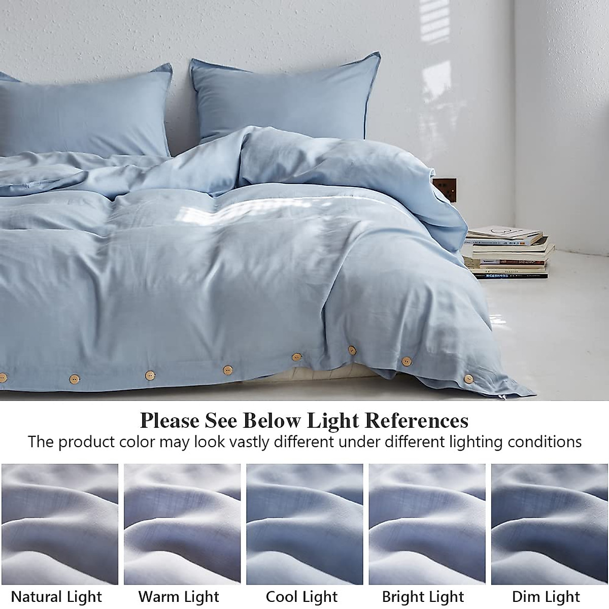 BISELINA Linen Lyocell Duvet Cover Set 3 Pieces 20% Natural Flax 80% Lyocell Blend Solid Color Soft Cool Lightweight Luxury Bedding - Sky Blue, Queen Size