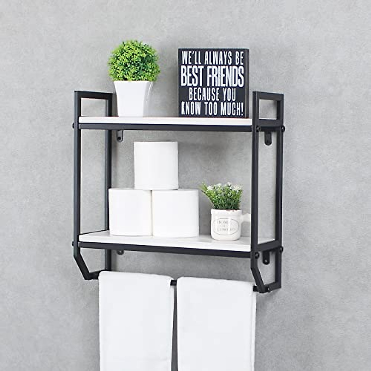 Bathroom Shelves 2-Tier Metal Industrial 16.9" Wall Mounted,Rustic Wall Shelf Over Toilet,Towel Rack with Towel Bar,Utility Storage Shelf Rack,Floating Shelves Towel Holder,Retro White