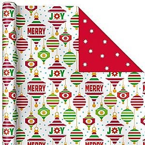 Hallmark Reversible Christmas Wrapping Paper for Kids (3 Rolls: 120 sq. ft. ttl) Orange and Teal Stripes, Trees, Ornaments, Polka Dots