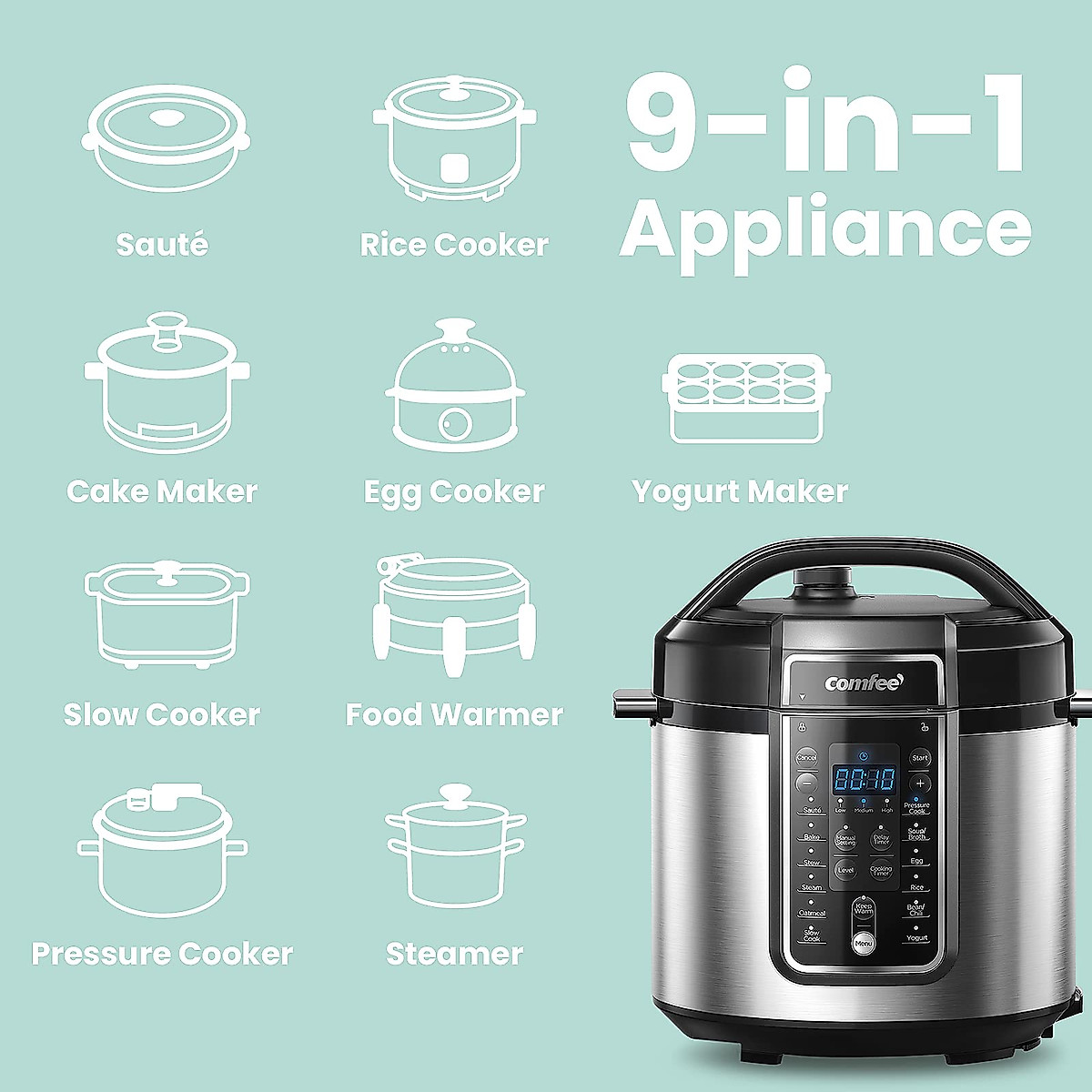 COMFEE’ 6 Quart Pressure Cooker 12-in-1, One Touch Kick-Start Slow Cooker & Rice Cooker, 6-in-1 Stainless Steel Multi Cooker, 2 QT, 8 Cups Cooked(4 Cups Uncooked), Brown Rice, 6 One-Touch Programs