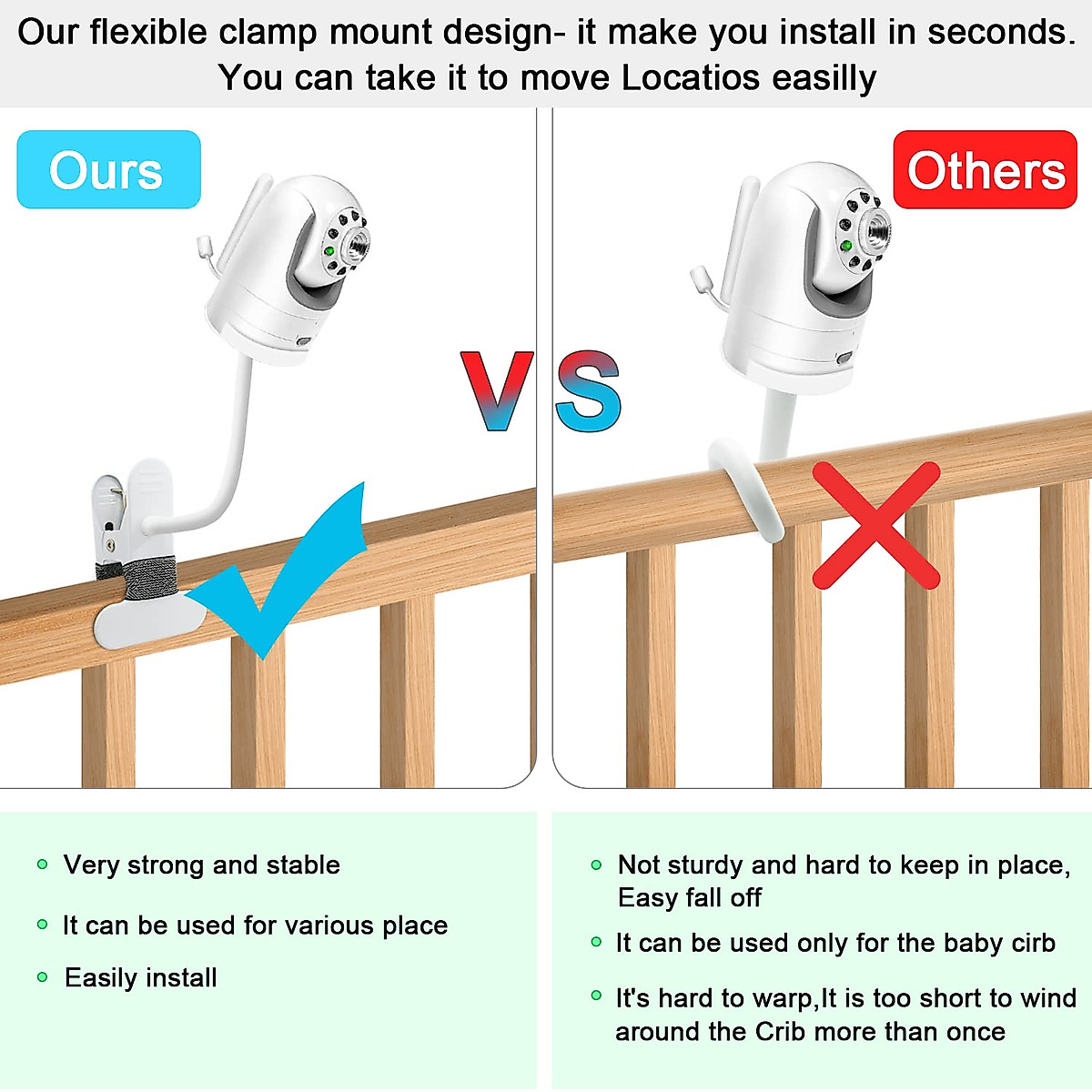 2 Pack Baby Monitor Mount flexible clamp mount Compatible with Infant Optics DXR-8 and DXR-8 Pro Video Baby Monitor Baby Monitors Holder for Crib Nursery Baby Camera Stand Without Tools or Wall Damage