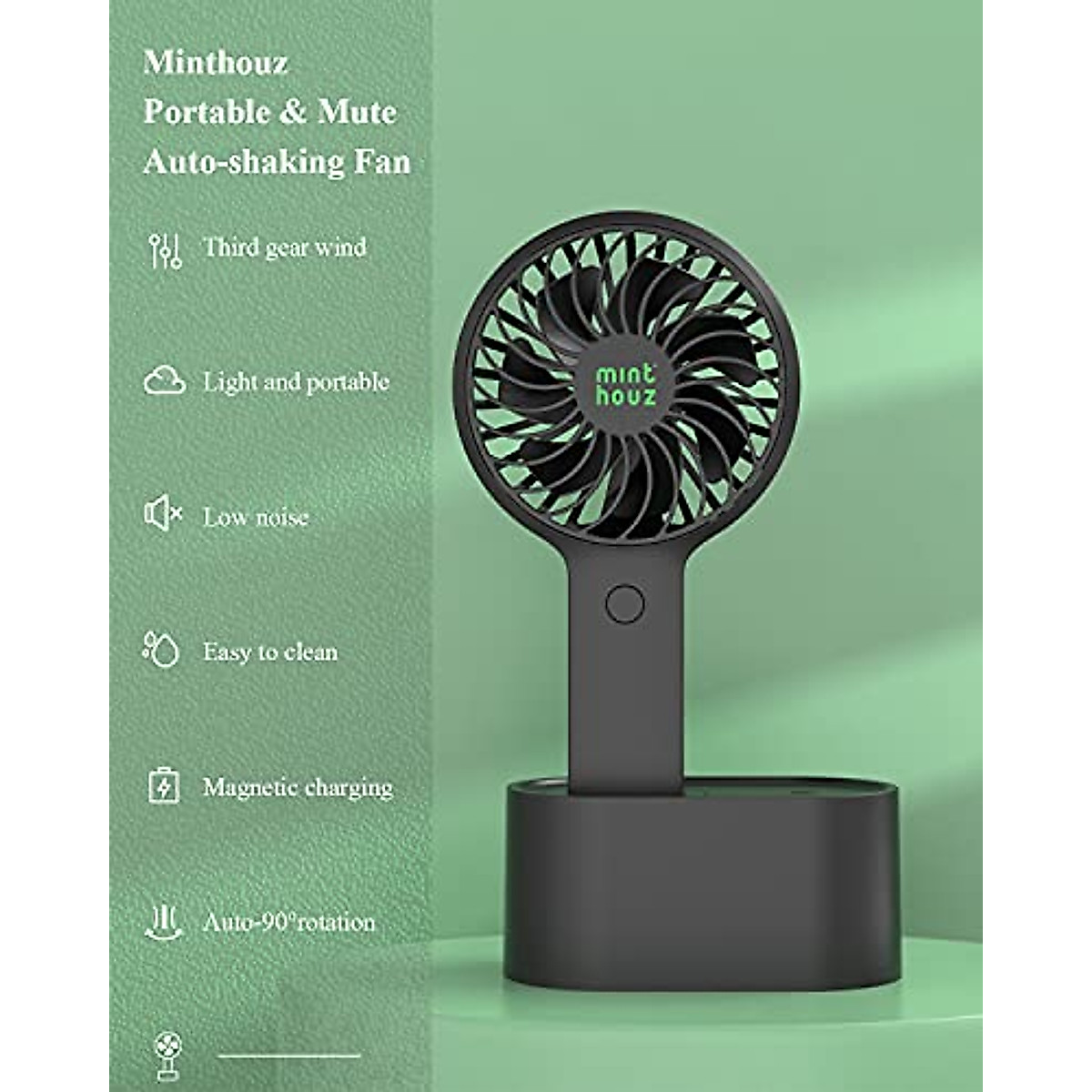 Minthouz Handheld Fan, 90° Automatic Head Shaking Personal Fan with Rotating Base, 3 Speed Adjustable Portable Fan Rechargeable Desk Fan with 2000mAh Built-in Battery, Mini Fan for Office/Home/Outdoor