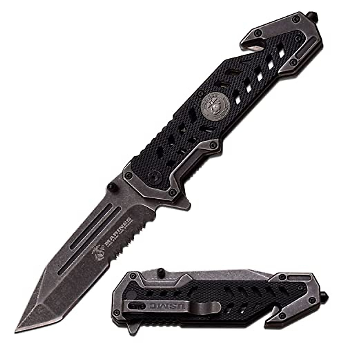 U.S. Marines by MTech USA M-A1052SW Spring Assist Folding Knife, Black Stonewashed Blade, Black Handle, 5-Inch Closed