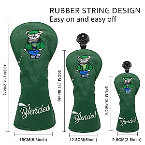 Lovely Bear Golf Driver Cover Fairway Wood Cover, Hybrid Covers Headcovers Set, Green Leather Golf Club Covers for Driver and Woods for Men/Women Golfer