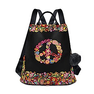 ALAZA Hippie Peace Sign Floral Backpack Purse for Women Anti Theft Fashion Back Pack Shoulder Bag