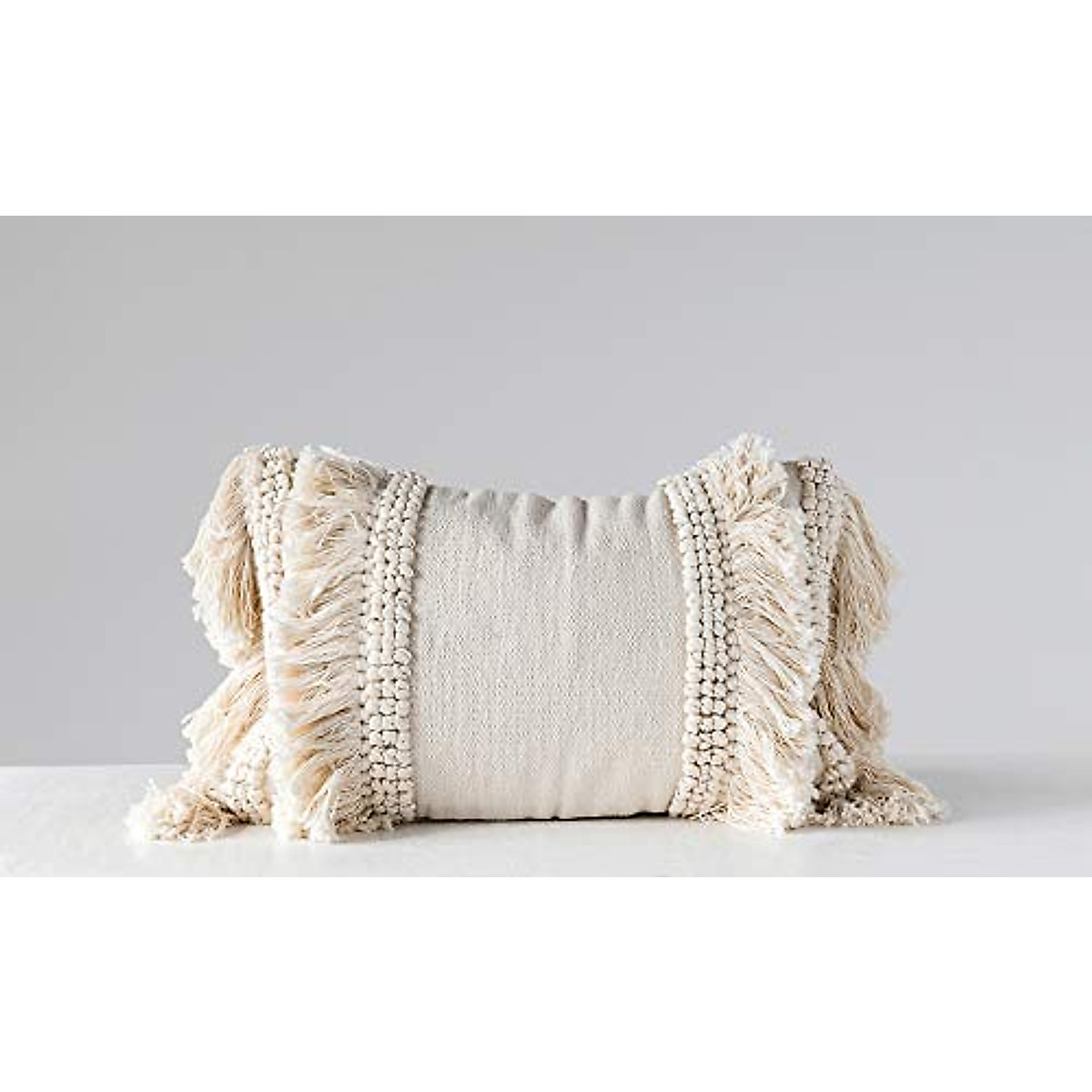 Creative Co-Op Creative Co-Op Cotton and Chenille Woven Lumbar Pillow with Fringe, Cream