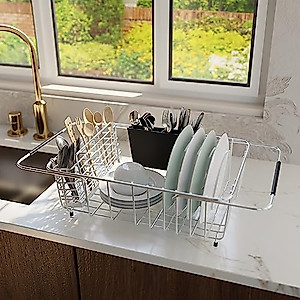 KESOL Over The Sink Drying Rack, Expandable Dish Rack with 2 Utensil Holders (1 Plastic & 1 Steel), 304 Stainless Steel Drying Rack for Kitchen Sink with Anti-Scratch Base, Rustproof Dish Drainer