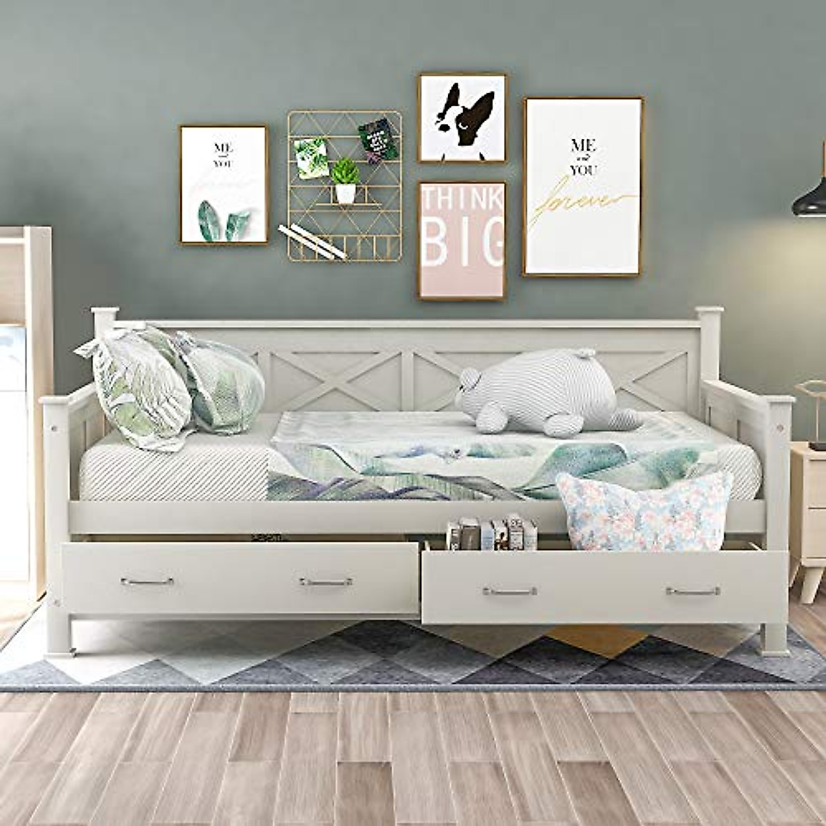 Bellemave Twin Daybed Frame with Storage Drawers,Wood Platform Beds Captain Sofa Bed for Kids,Bedroom,Living Room(Cream White)