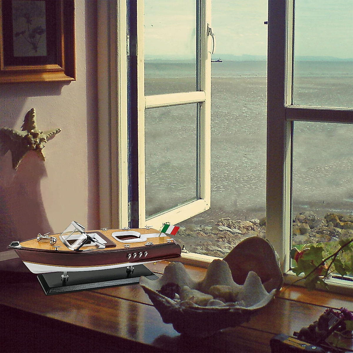 SAILINGSTORY Wooden Model Boat Riva Aquarama Speedboat 1/20 Scale Replica Runabout Boat Model Decoration