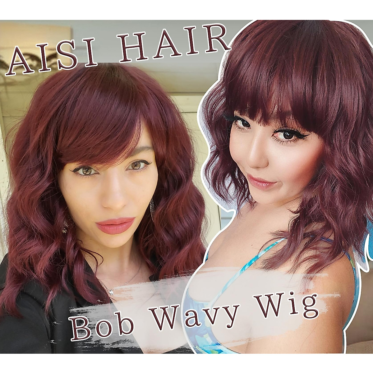 AISI HAIR Curly Bob Wig with Bangs Short Wavy Wine Red Color Wigs for Women Bob Style Synthetic Heat Resistant Bob Wigs