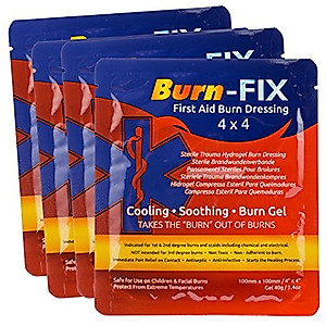 Burn-FIX 4 Pack - Hydrogel Burn Dressing, 4x4 Inches - Quick Comfort & Rapid Healing - Natural, Sterile First Aid for Burns, Cuts, Sunburns - Emergency First Aid Care.