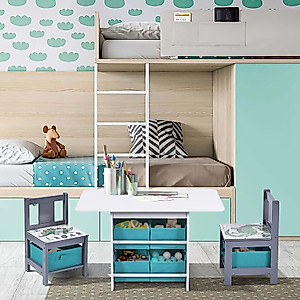 LuxenHome Kids Art Play Activity Table with Storage Shelf and Chair Set with Storage Baskets for Toddlers Drawing, Reading, Crafts, Play, Blue & Gray