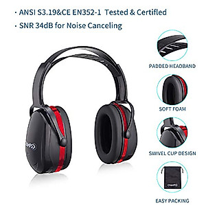 CHAMPS Shooting Earmuff, Noise Reduction Safety Ear Muffs, Hearing Protection, Adjustable Headband, NRR 29dB Rated for Construction Work Shooting Range Hunting [Red]