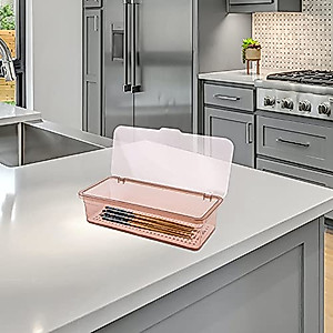 DOITOOL Flatware Tray with Lid and Drainer, Tableware Utensil and Cutlery Drawer Organizer with Lid Covered Silverware Tray to Keeps Your Cutlery Organized and Protected ( Brown )