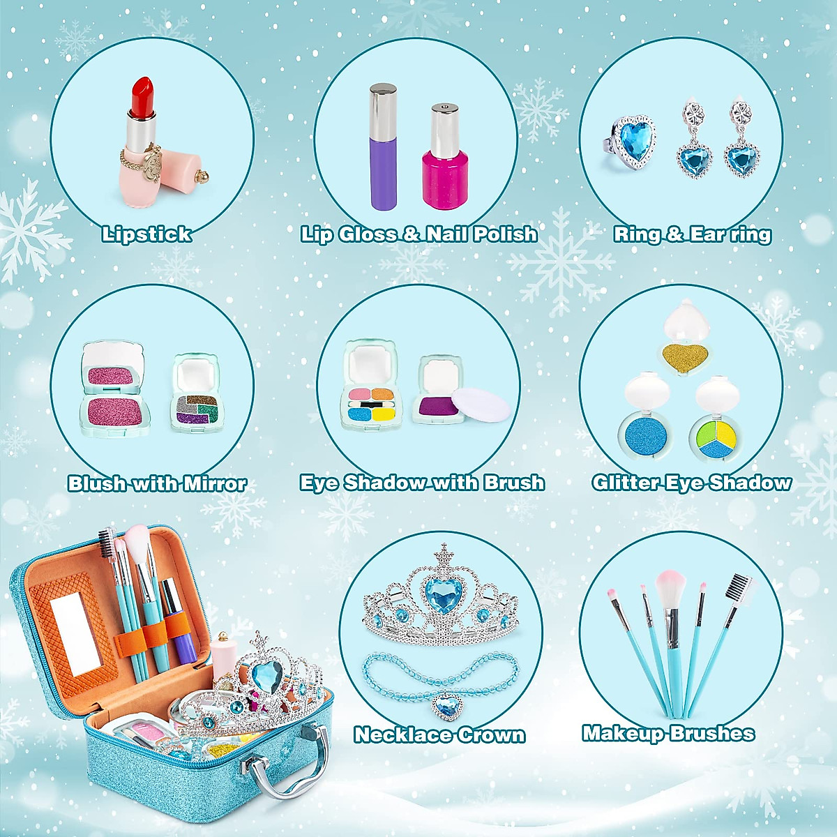 KIDCHEER Kids Makeup Kit for Girls Pretend Play Make up Gift Princess Toys for Kids with Storage Bag,Blue